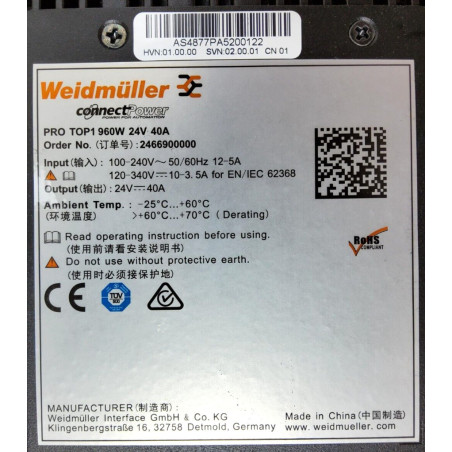 WEIDMULLER POWER SUPPLY PRO TOP1 960W 24V 40A